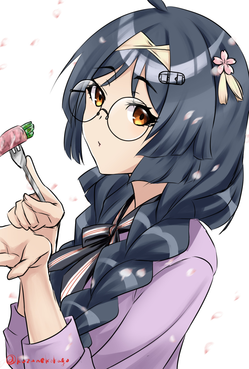Safebooru - 1girl black hair black ribbon braid brown eyes commentary request flower fork ...