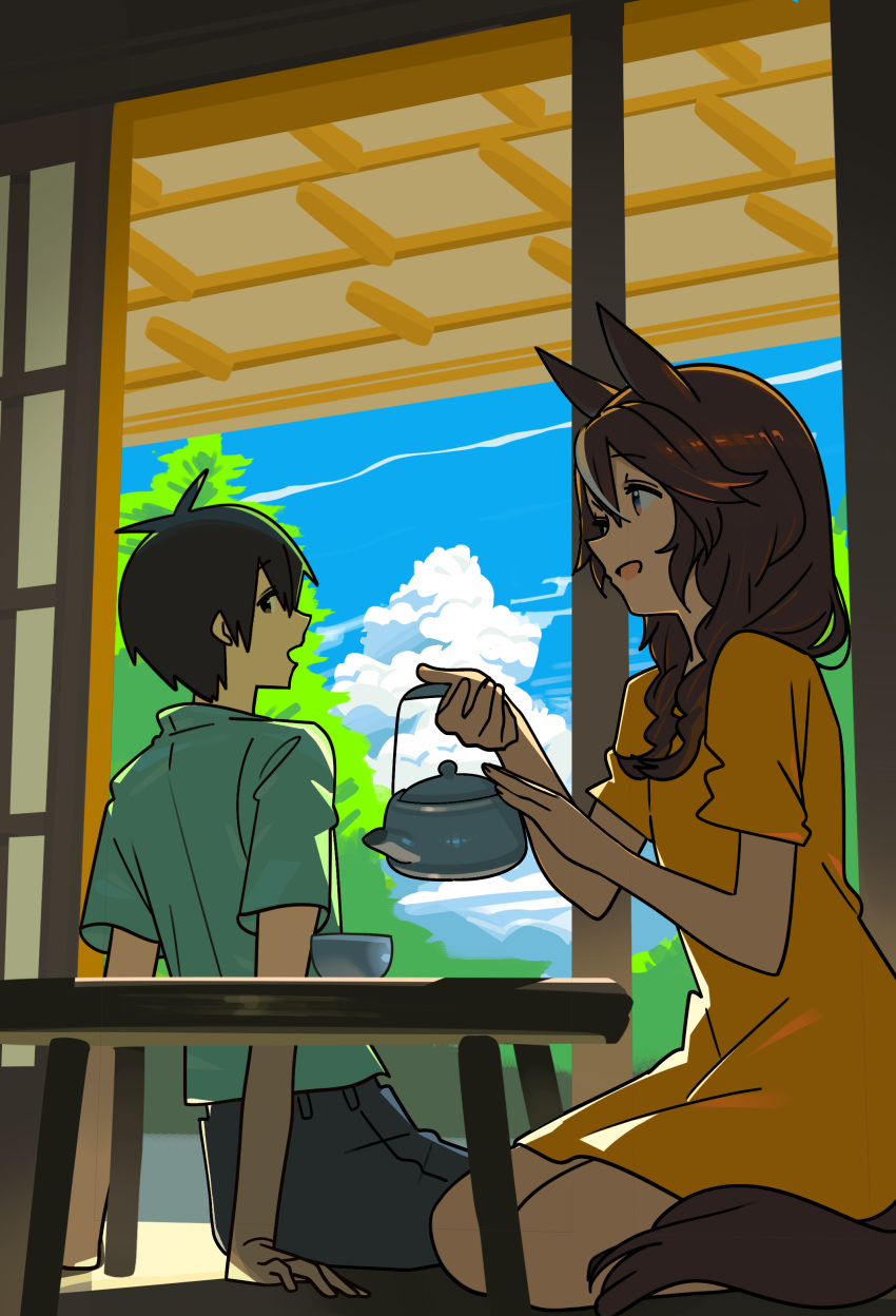 Safebooru - 1boy 1girl absurdres animal ears ashinowoto blush braid brown eyes casual clouds ...