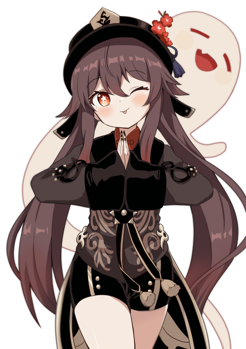 Safebooru - 1girl ;p absurdres black hat black nails black shorts blush brown hair brown jacket ...