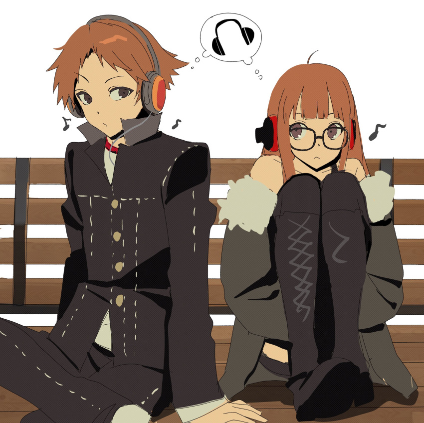 Safebooru - 1boy 1girl bench brown hair emori71758 hanamura yousuke headphones highres listening ...