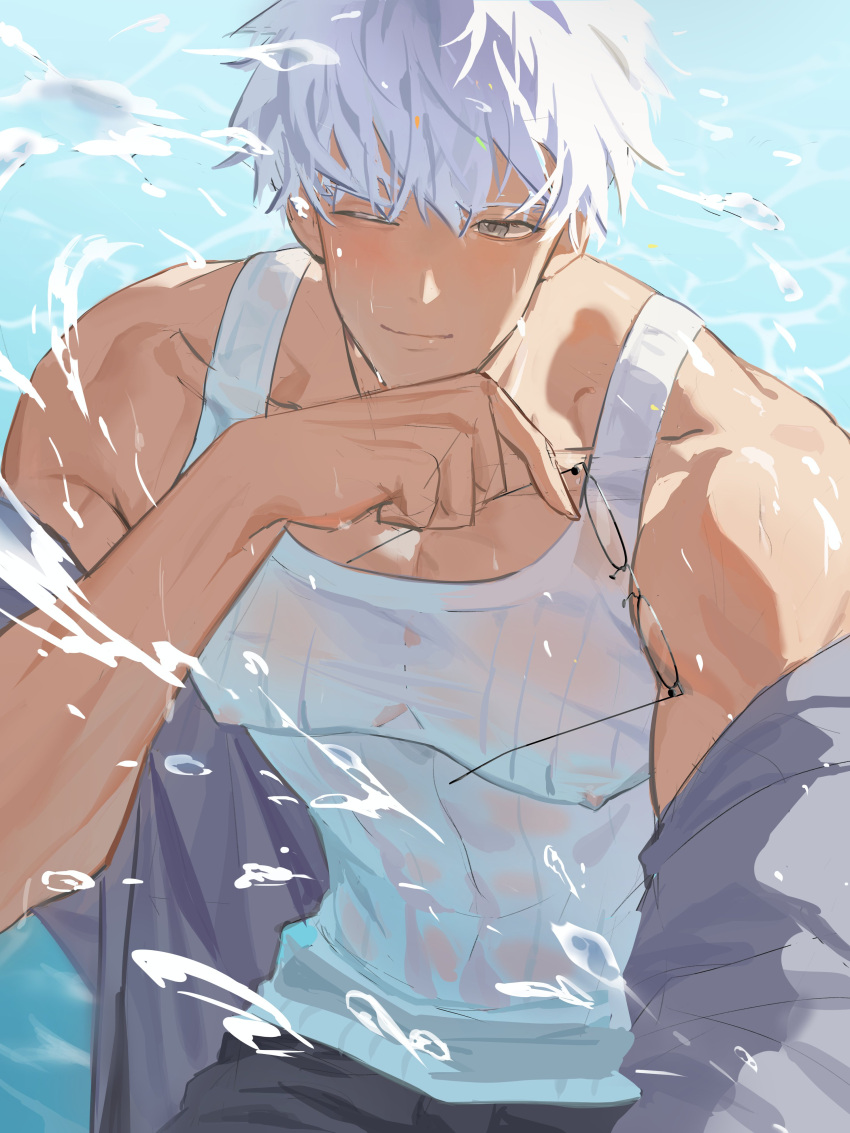 Safebooru - 1boy absurdres archer (fate) archer (summer casual) (fate) blush covered abs dark ...