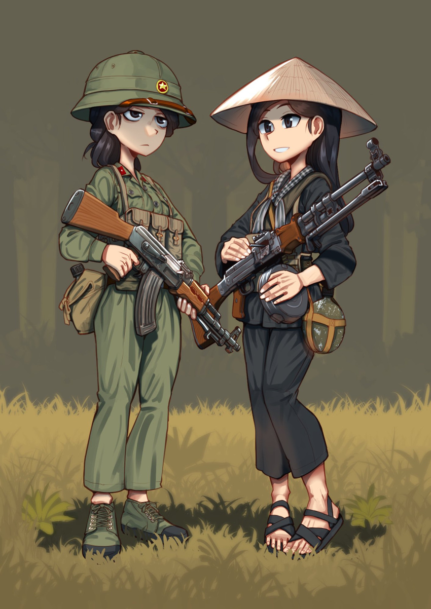 Safebooru - 2girls ammunition pouch assault rifle bayonet black eyes ...