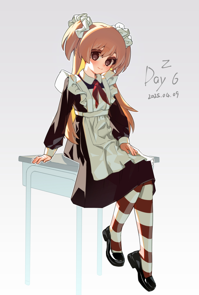 Safebooru - 1girl apron black dress black shoes blonde hair brown eyes collared dress desk dress ...