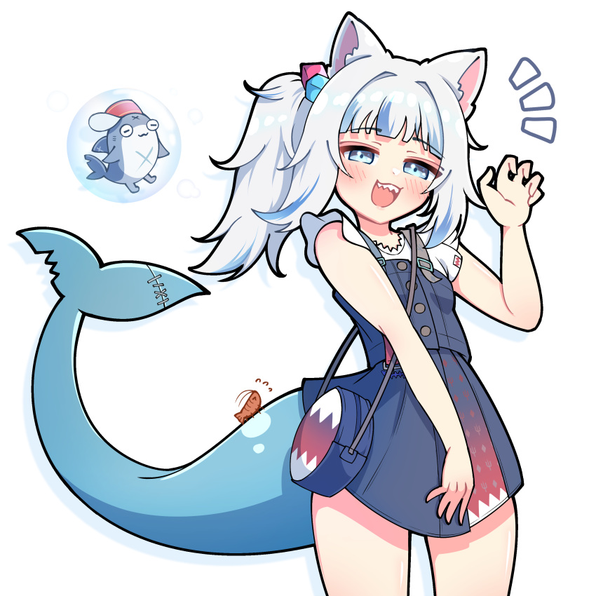 Safebooru - 1girl absurdres animal ears bloop (gawr gura) blue bag blue eyes blue overalls blush ...