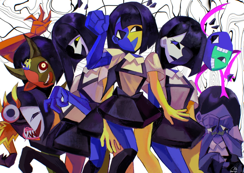 Safebooru - black hair blue skin blunt bangs blunt ends bob cut colored ...