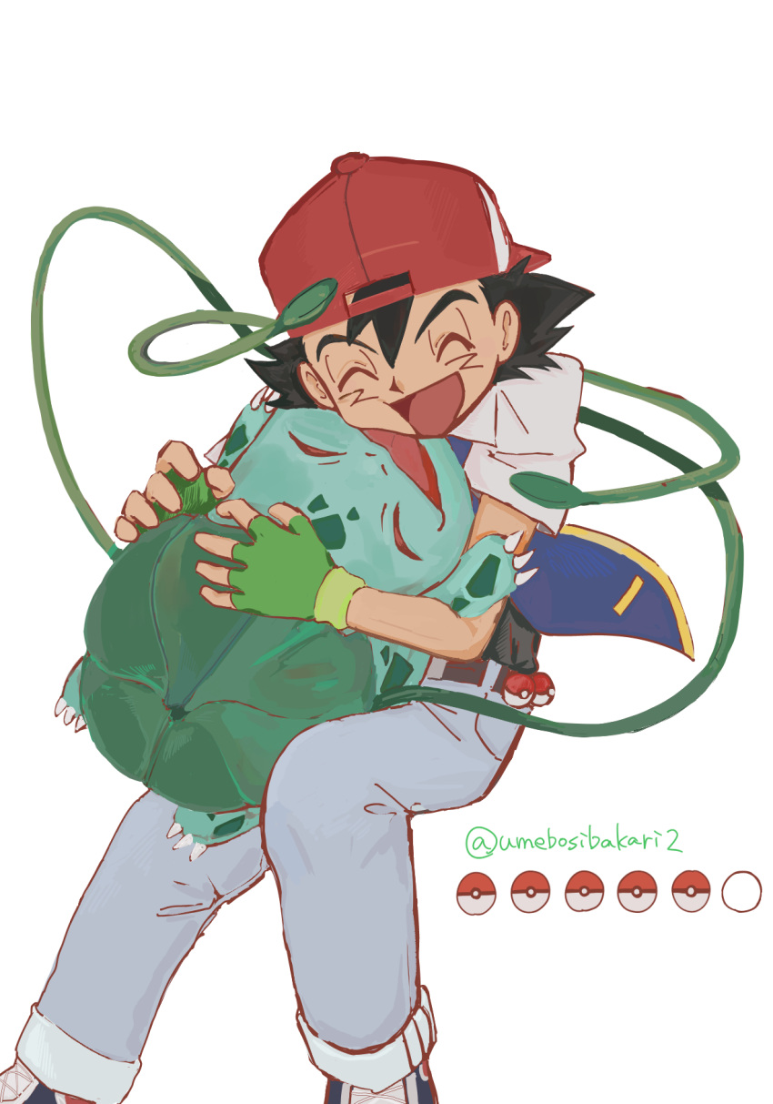 Safebooru - 1boy ash ketchum backwards hat baseball cap belt black hair blue jacket bulbasaur ...