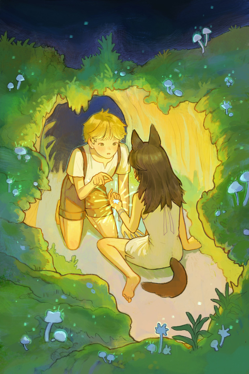 Safebooru - 1boy 1girl absurdres animal ears barefoot blonde hair brown hair cat ears cat tail ...