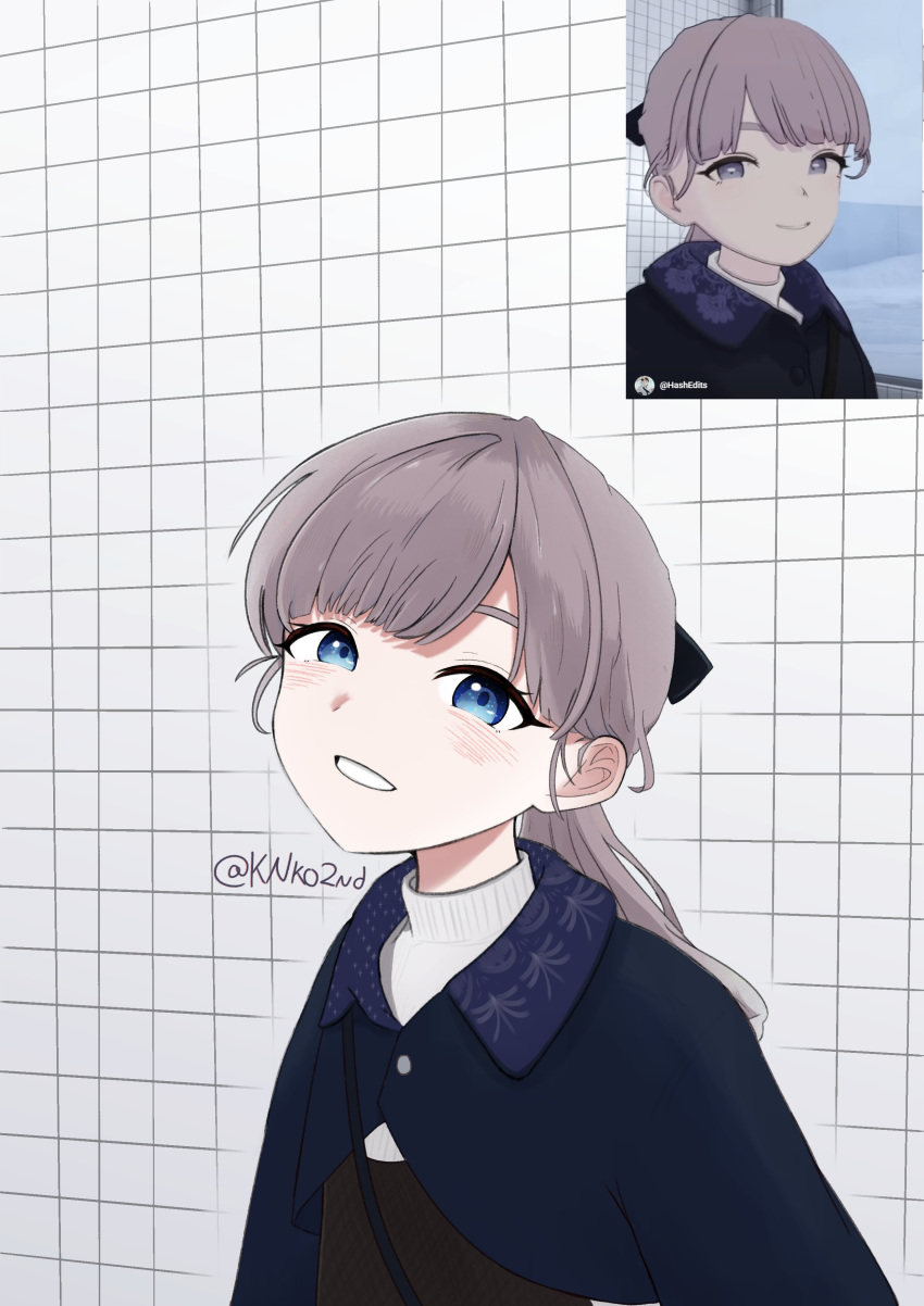 Safebooru - 1girl absurdres black ribbon blue eyes blush brown hair derivative work head tilt ...