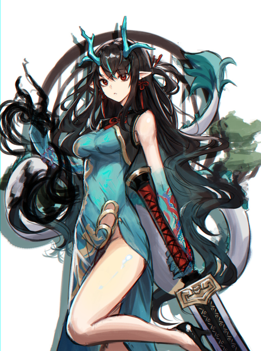 Safebooru - 1girl absurdres arknights black hair china dress chinese clothes colored extremities ...
