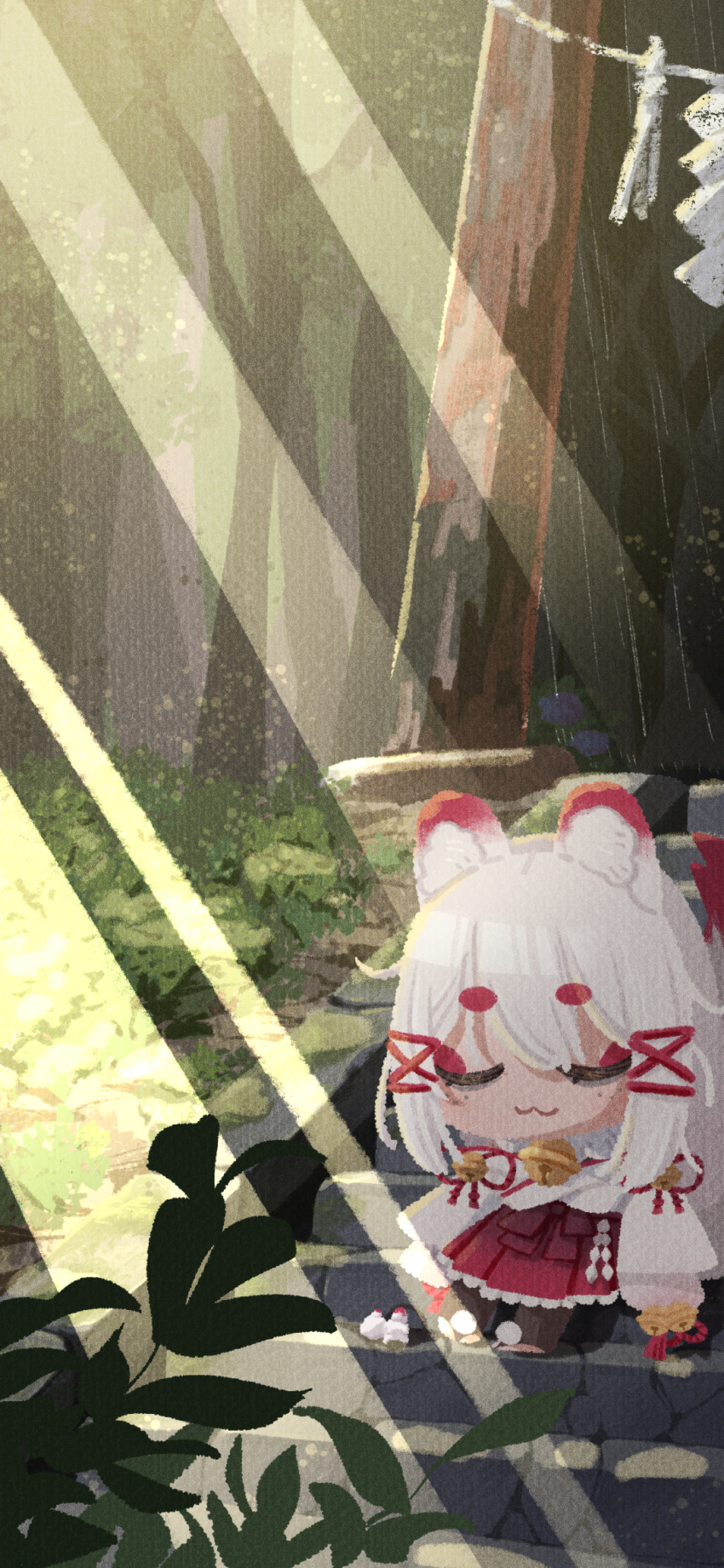 Safebooru - 1girl animal ears bell bodysuit closed eyes forest fox ears ...