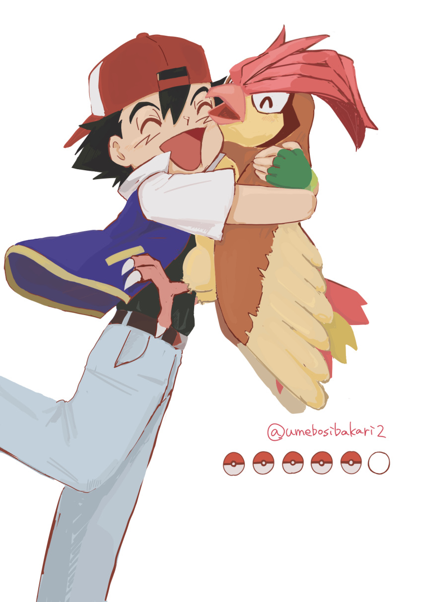 Safebooru - 1boy ash ketchum backwards hat baseball cap belt bird black hair black shirt blue ...