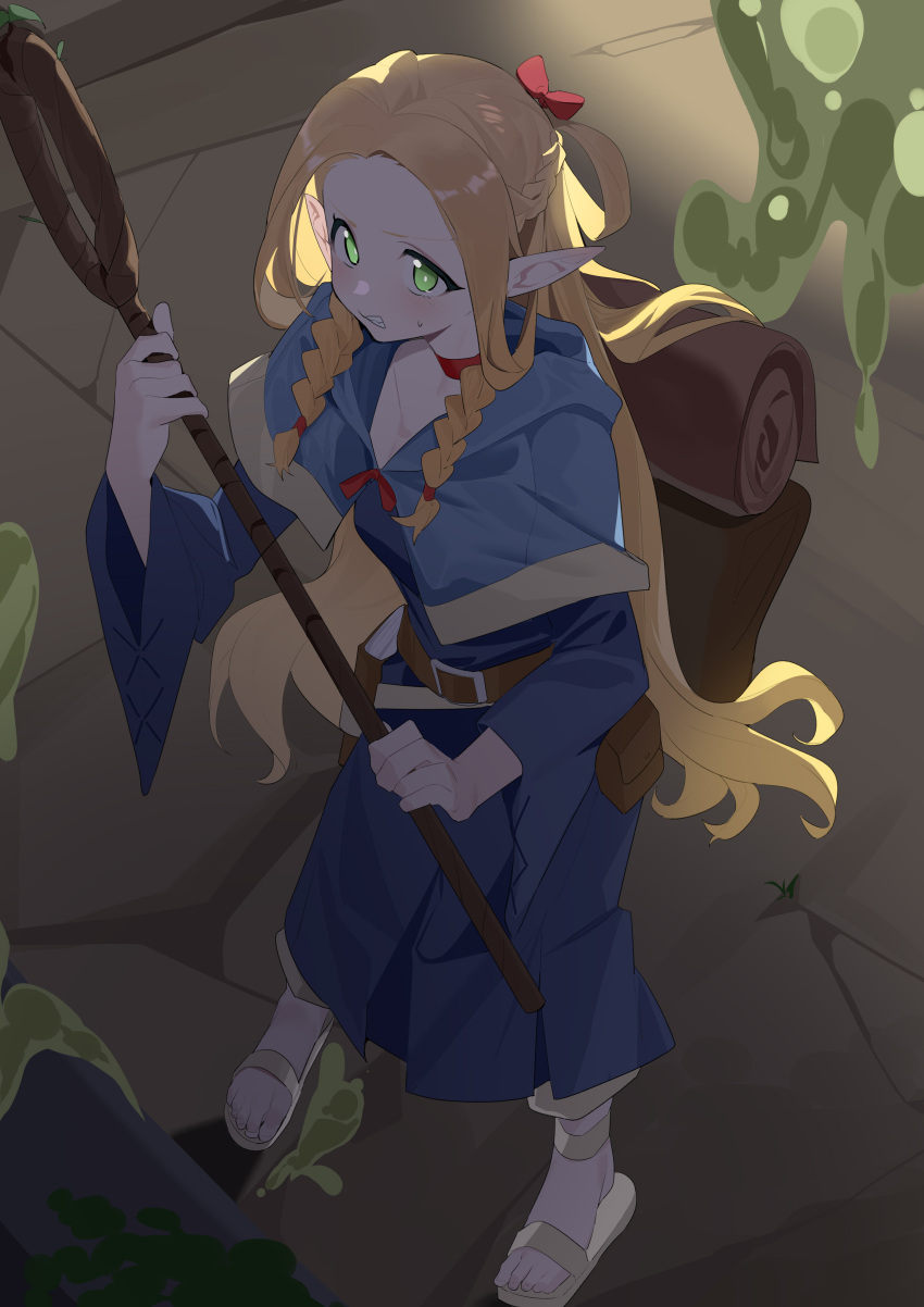 Safebooru - 1girl absurdres backpack bag belt blonde hair blue capelet blue robe braid capelet ...