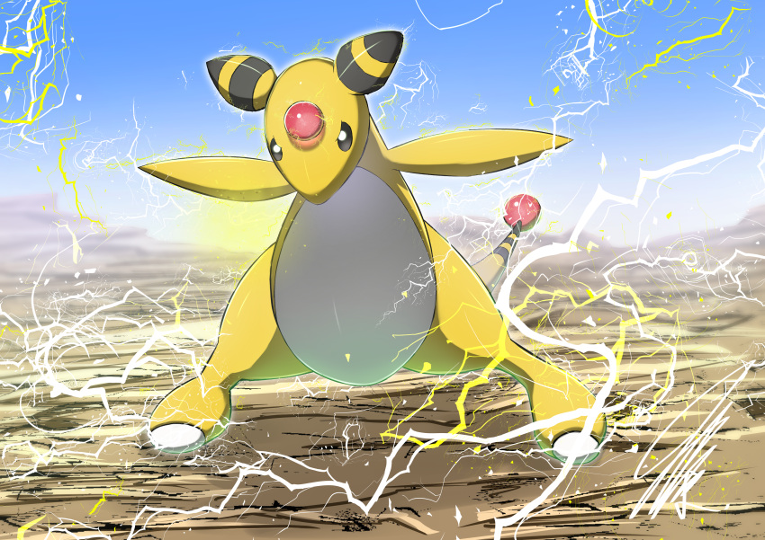 Safebooru - absurdres ampharos aura bell black eyes blue sky colored skin crack cracked floor ...