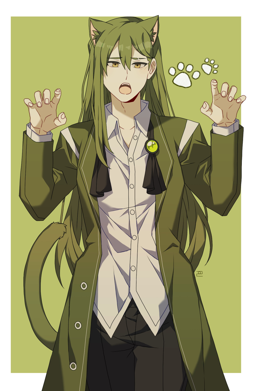 Safebooru - 1boy absurdres arms up black pants cat boy coat collared shirt dress shirt fangs ...