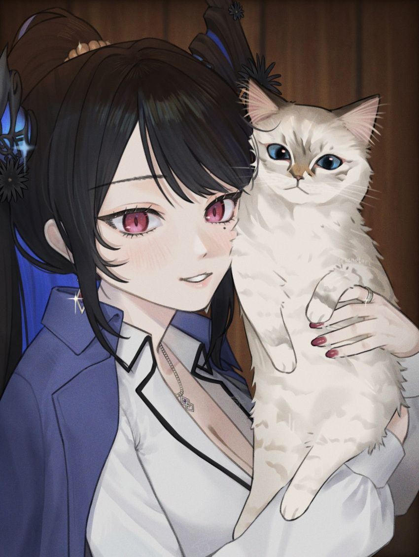 Safebooru - 1girl asymmetrical horns black hair blue hair cat colored ...