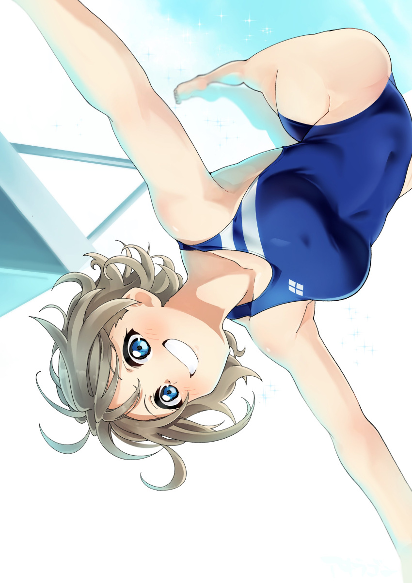 Safebooru - 1girl abs absurdres akira hjk armpits ass athletic leotard barefoot blue background ...