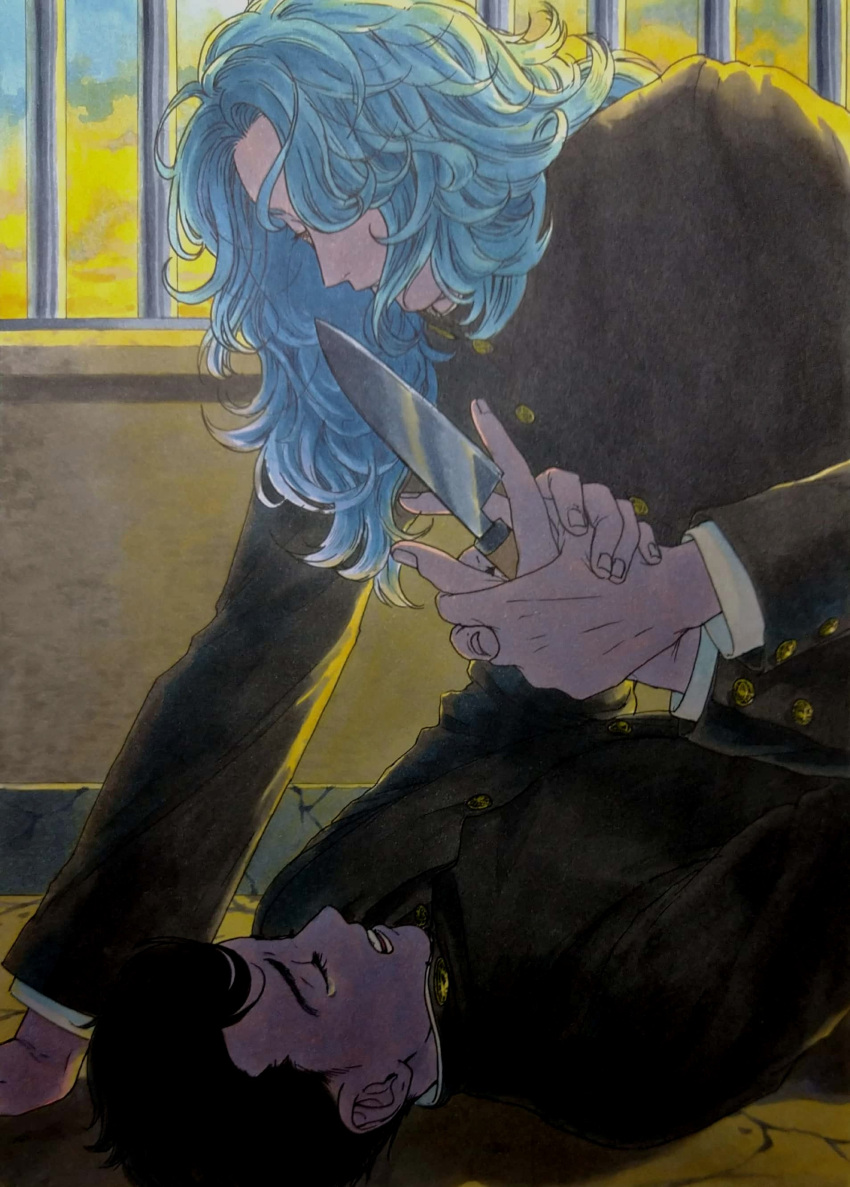 Safebooru - 2boys 59awakadoy absurdres black hair black jacket blue hair buttons closed eyes ...