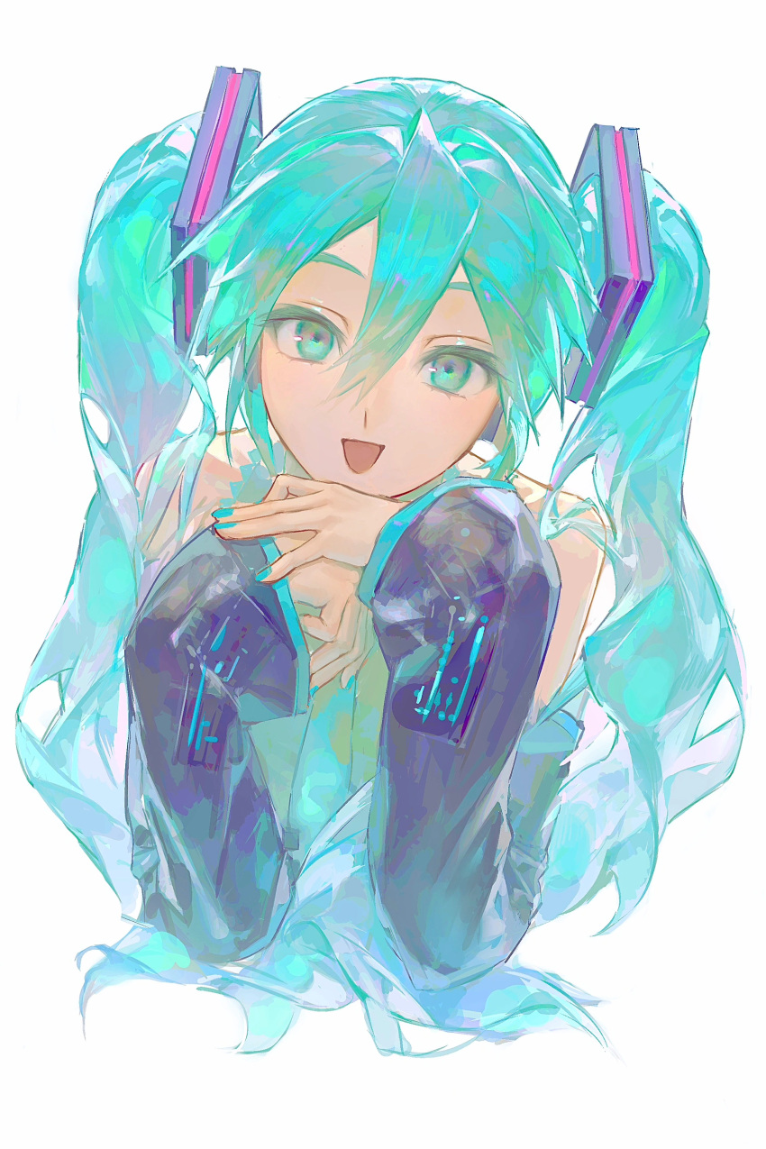 Safebooru - 1girl absurdres aqua eyes aqua hair aqua nails bare shoulders black sleeves detached ...