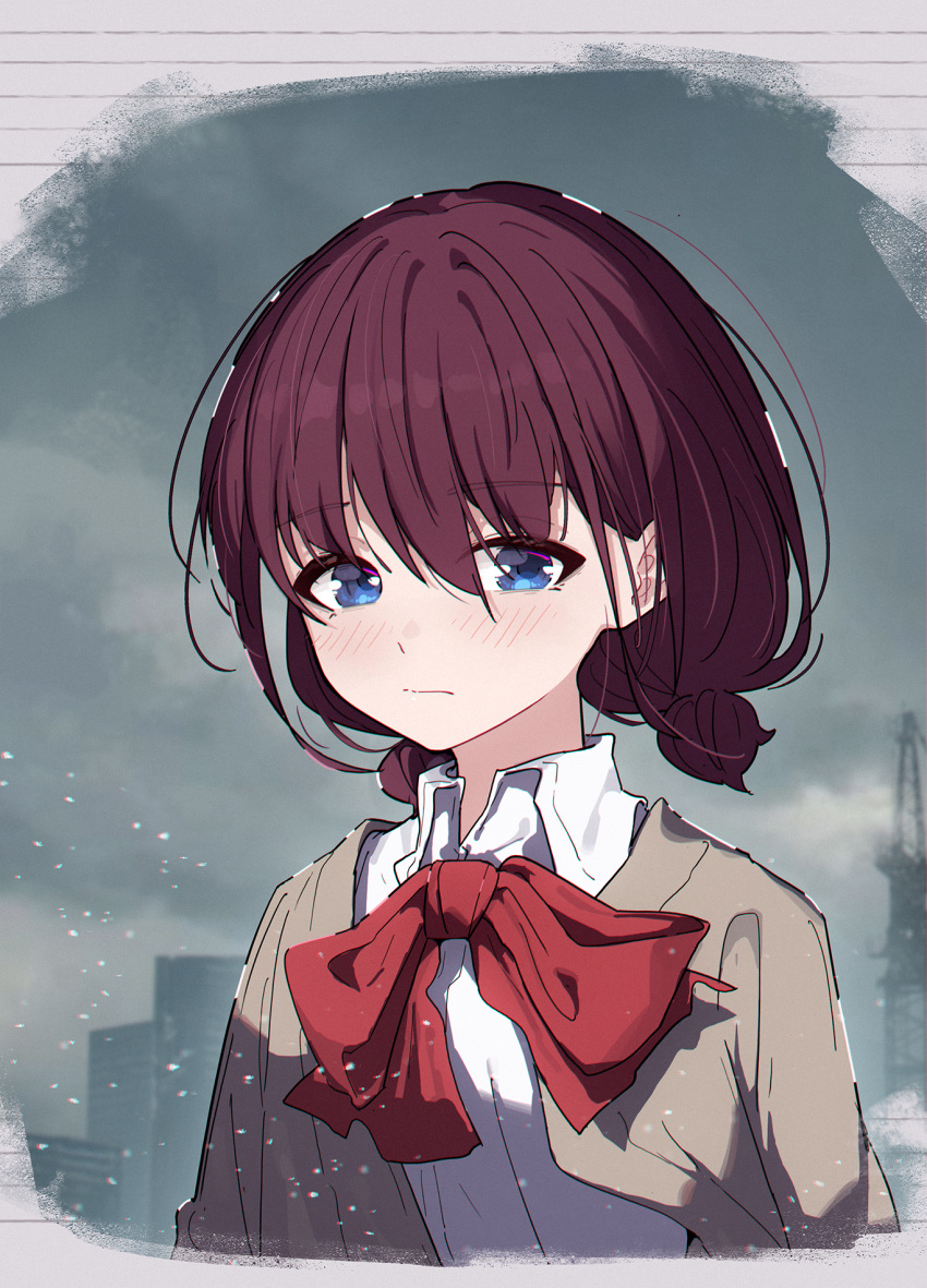 Safebooru - 1girl blue eyes blush bow bowtie brown cardigan brown hair cardigan chinese ...