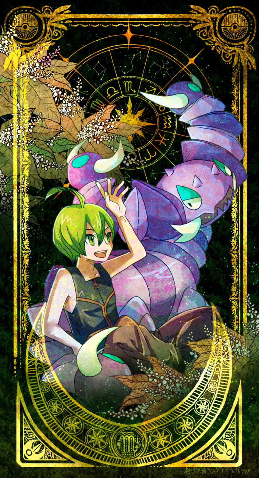 Safebooru - 1boy aaron (pokemon) ahoge arm up black shirt brown pants ...