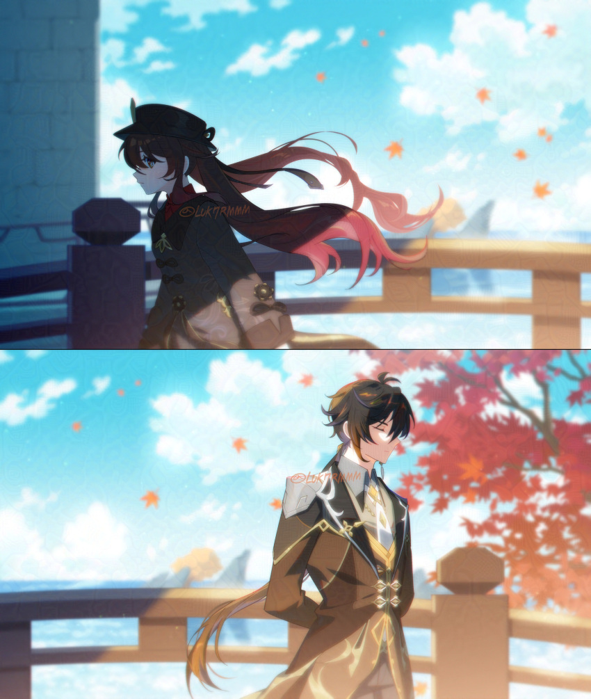 Safebooru - 1boy 1girl autumn leaves black hat black jacket blue sky brown hair brown jacket ...
