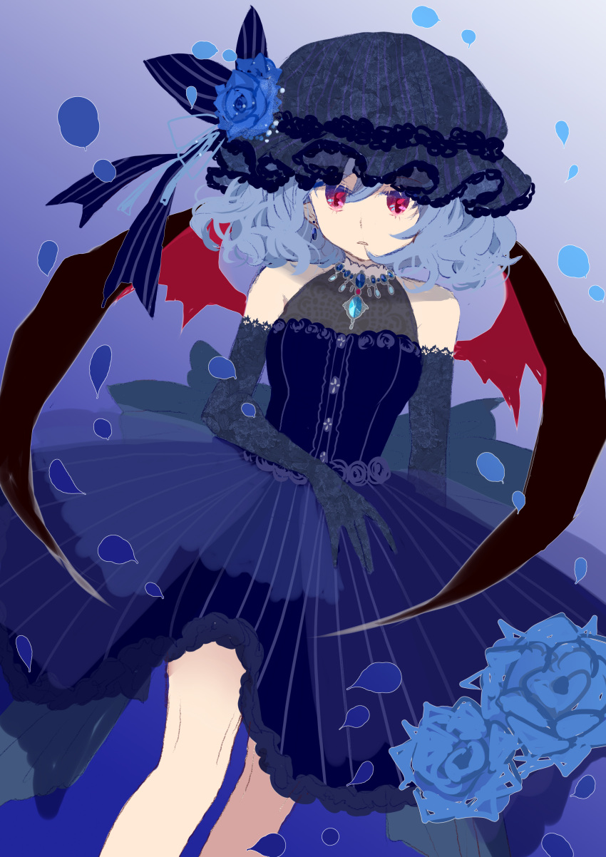 Safebooru - 1girl absurdres alternate costume bat wings blue background blue dress blue flower ...