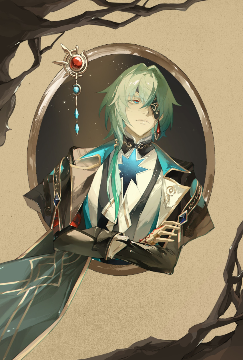 Safebooru - 1boy anaxa (honkai: star rail) aqua hair ascot black capelet black gloves black vest ...