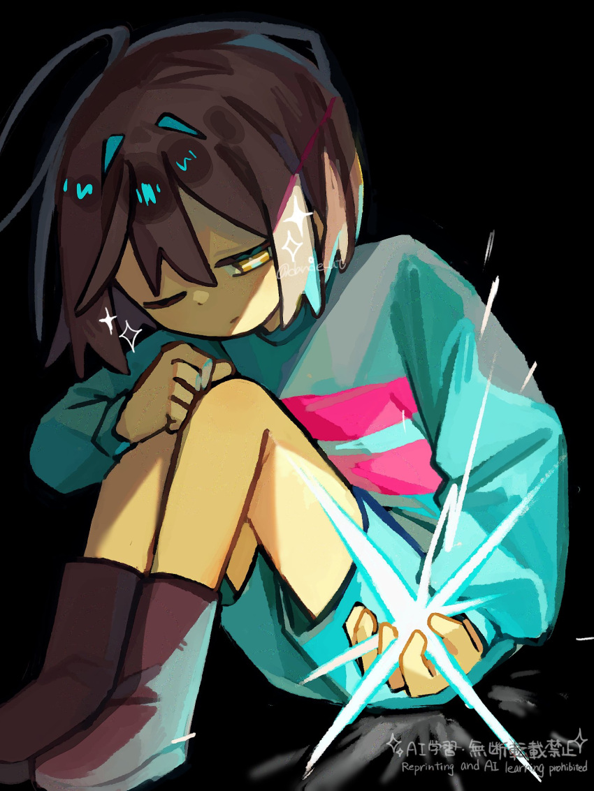 Safebooru - 1other black background blue shorts blue sweater brown hair ...
