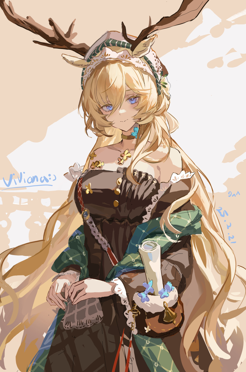 Safebooru - 1girl absurdres animal ears antlers arknights bag bare shoulders blonde hair blush ...