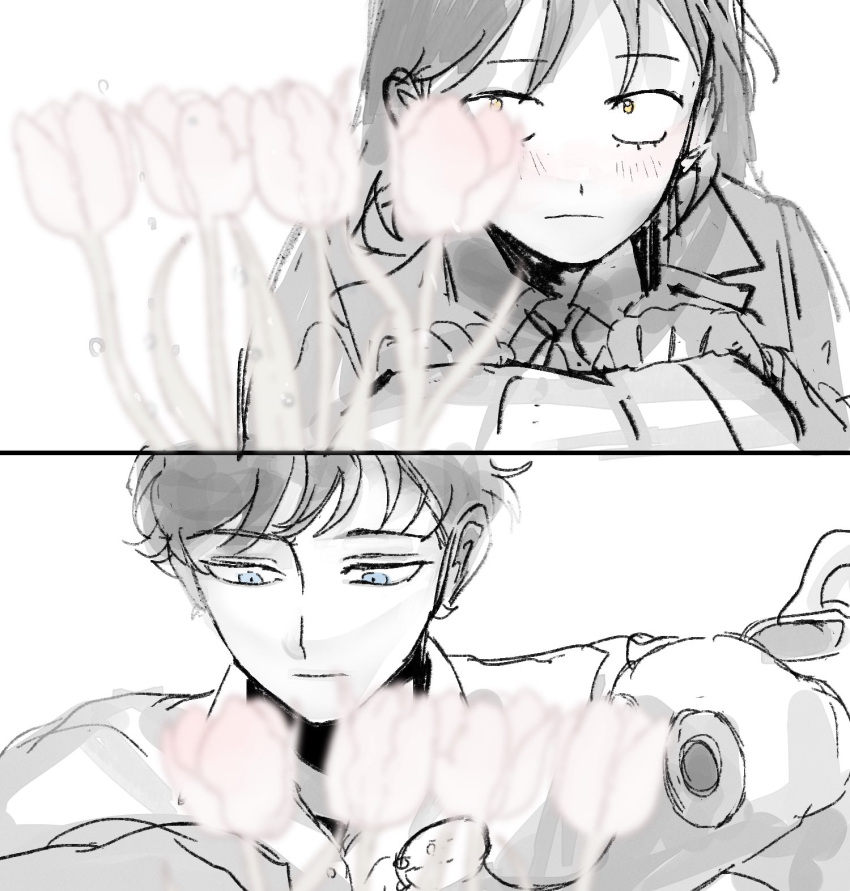 Safebooru - 1boy 1girl blazer blue eyes blurry blurry foreground blush closed mouth commentary ...