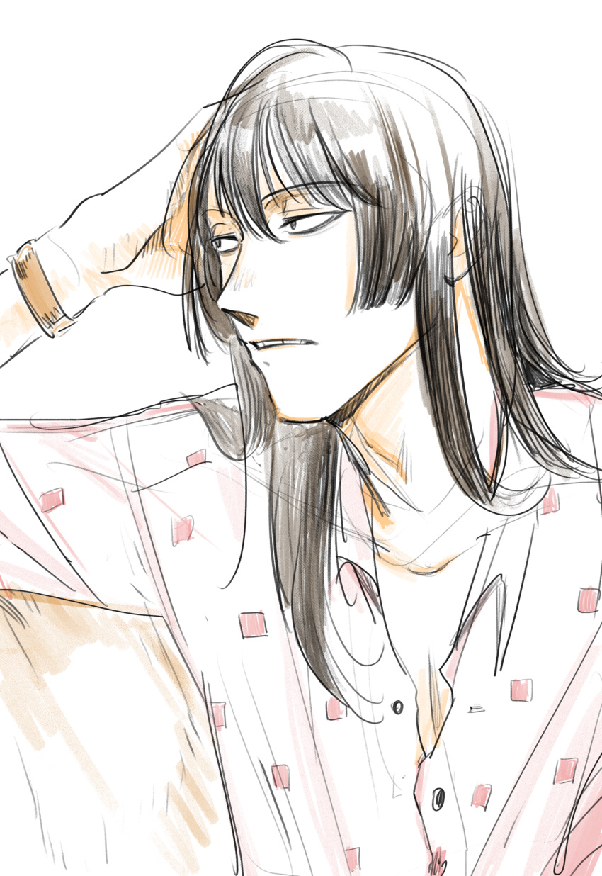 Safebooru - 1boy akane-banashi arm behind head black eyes highres katy ho long hair male focus ...