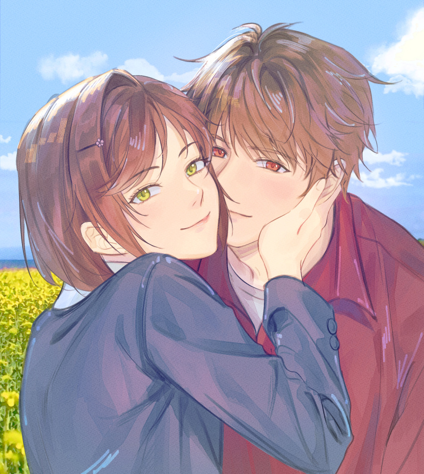 Safebooru - 1boy 1girl absurdres black jacket blue sky brown eyes brown hair closed mouth clouds ...