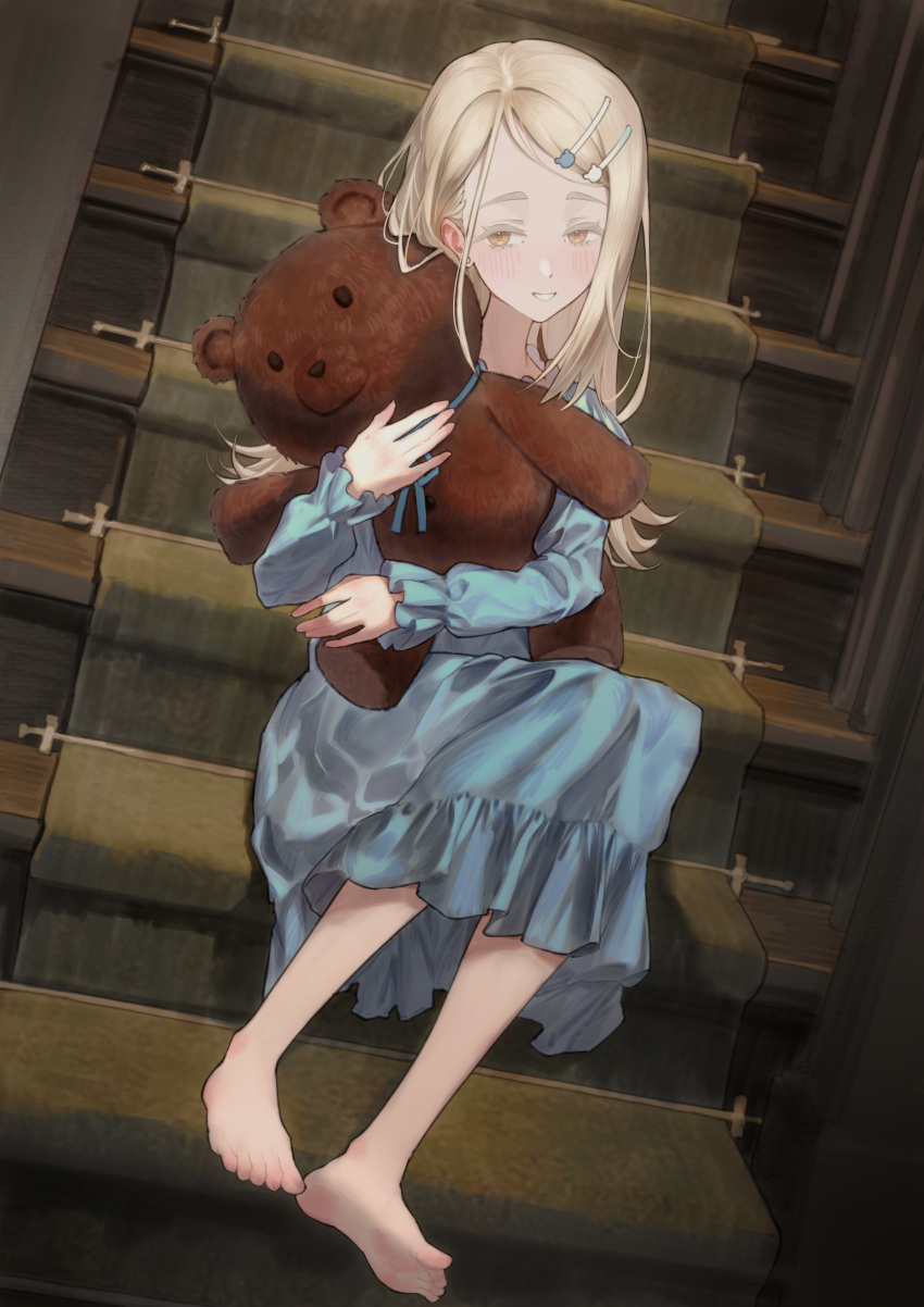Safebooru - 1girl absurdres barefoot blonde hair blue dress blush colored eyelashes commentary ...