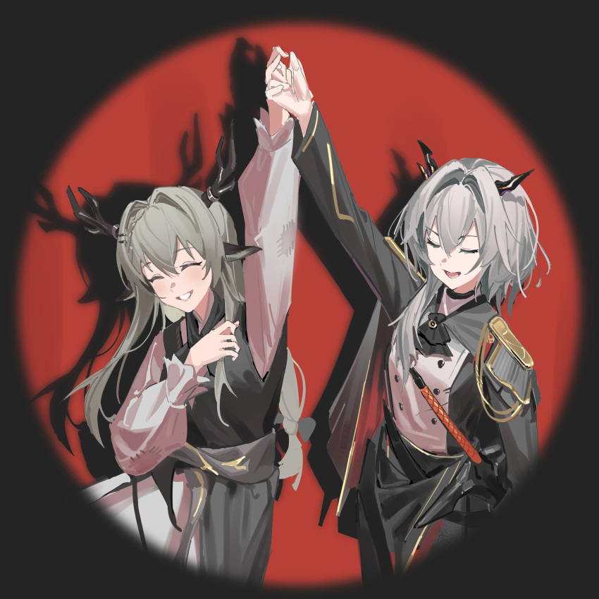 Safebooru - 2girls :d absurdres alina (arknights) animal ears antlers arknights arm up black ...