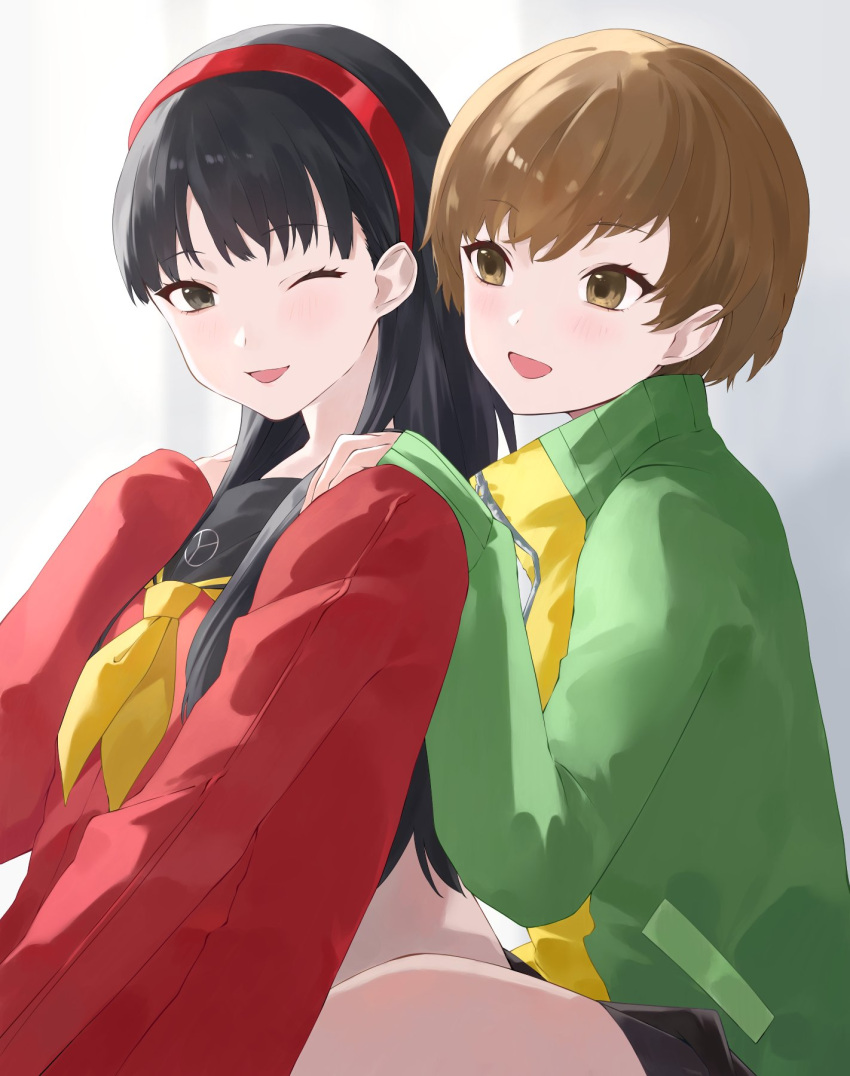 Safebooru - 2girls amagi yukiko black eyes black hair blunt bangs brown eyes brown hair green ...