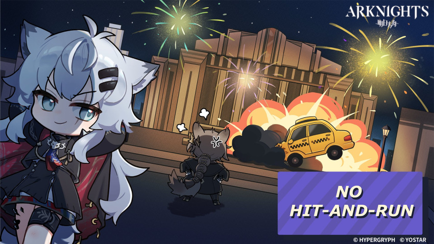 Safebooru - 2girls aerial fireworks anger vein animal ears arknights arms behind head arms up ...