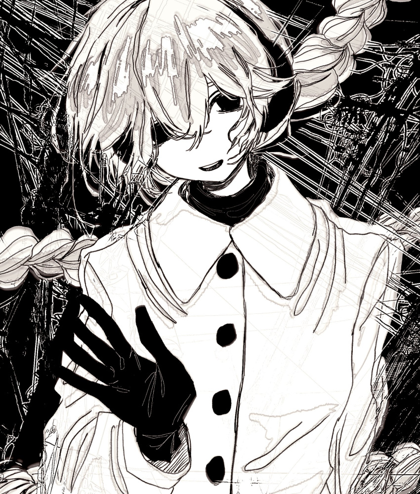 Safebooru - 1girl abstract background arm at side bags under eyes braid ...