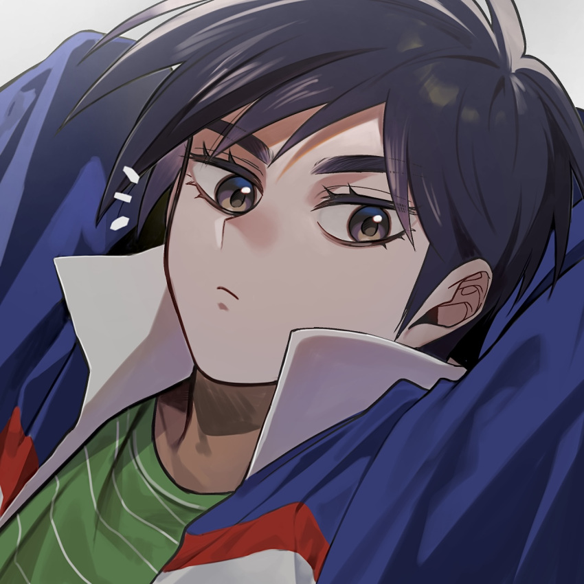 Safebooru - 1boy arms behind head black eyes black hair blue jacket ...