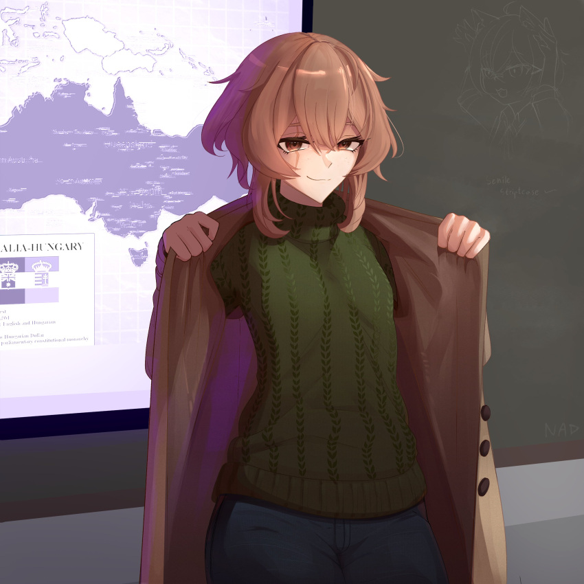 Safebooru - 1girl absurdres australia black pants brown coat brown eyes brown hair chalkboard ...