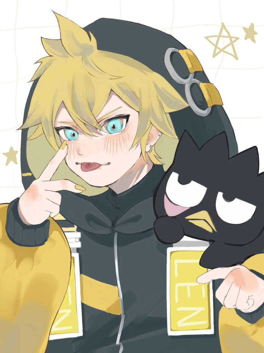 Safebooru - 2boys ahoge akanbe animal on shoulder aqua eyes badtz-maru baggy clothes black ...