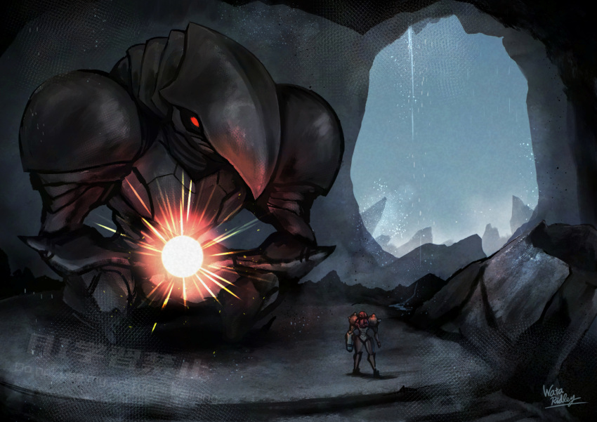 Safebooru - 1girl armor cave chozo statue full armor metroid rain red ...