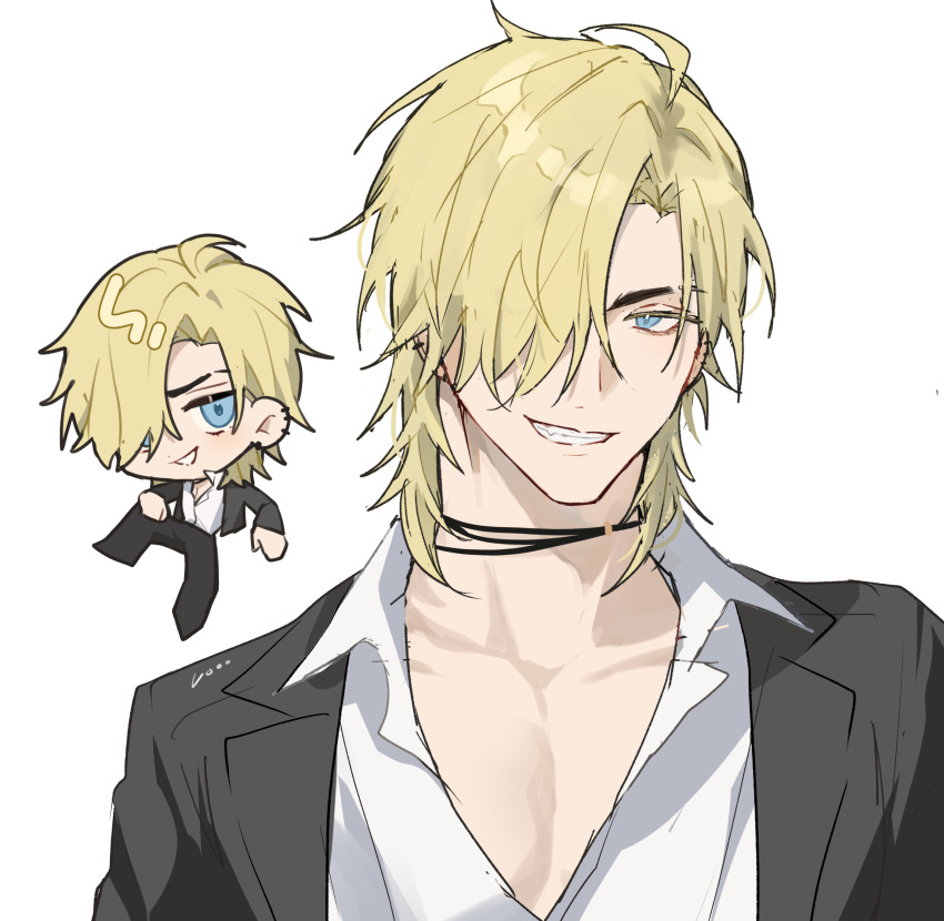 Safebooru - 1boy black jacket blonde hair blue eyes chibi chibi inset collared shirt ...