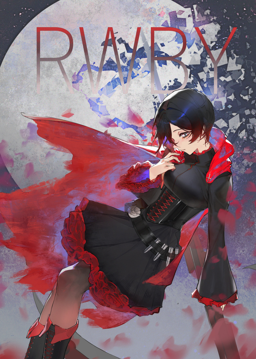 Safebooru - 1girl absurdres black boots black dress black hair boots breasts cape closed mouth ...