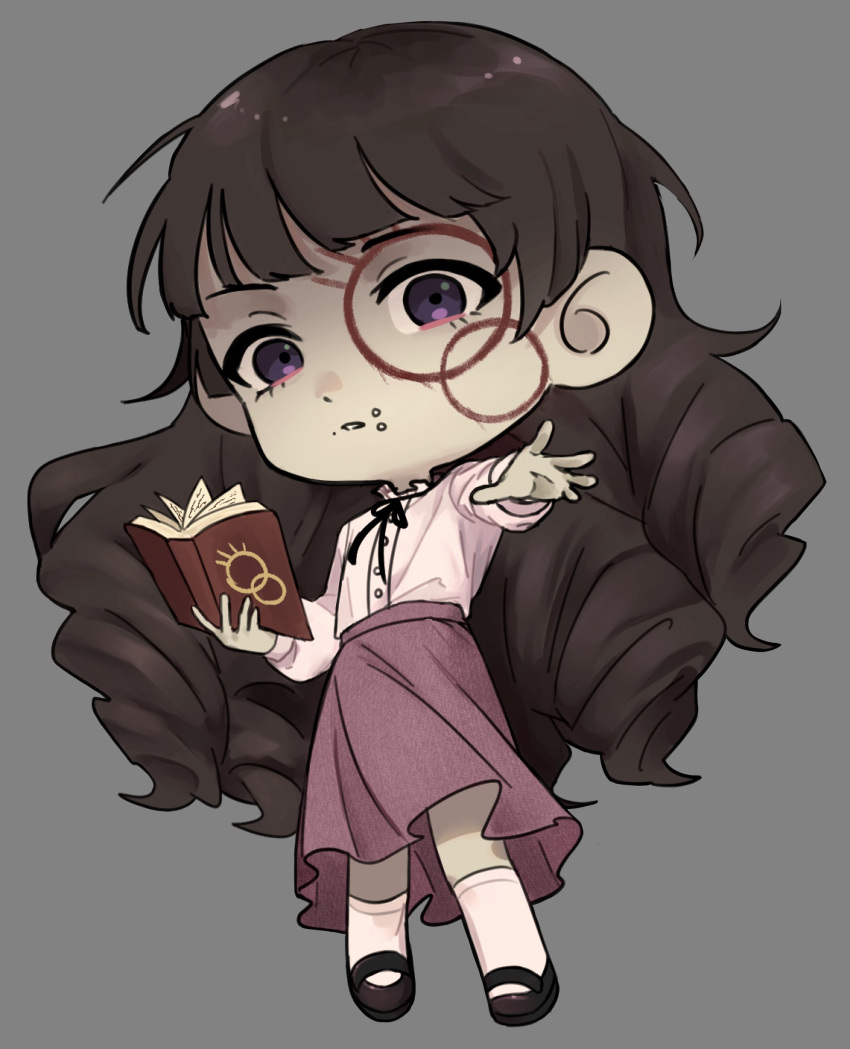 Safebooru - 1girl absurdres black ribbon black shoes book brown hair chibi chibi only chinese ...