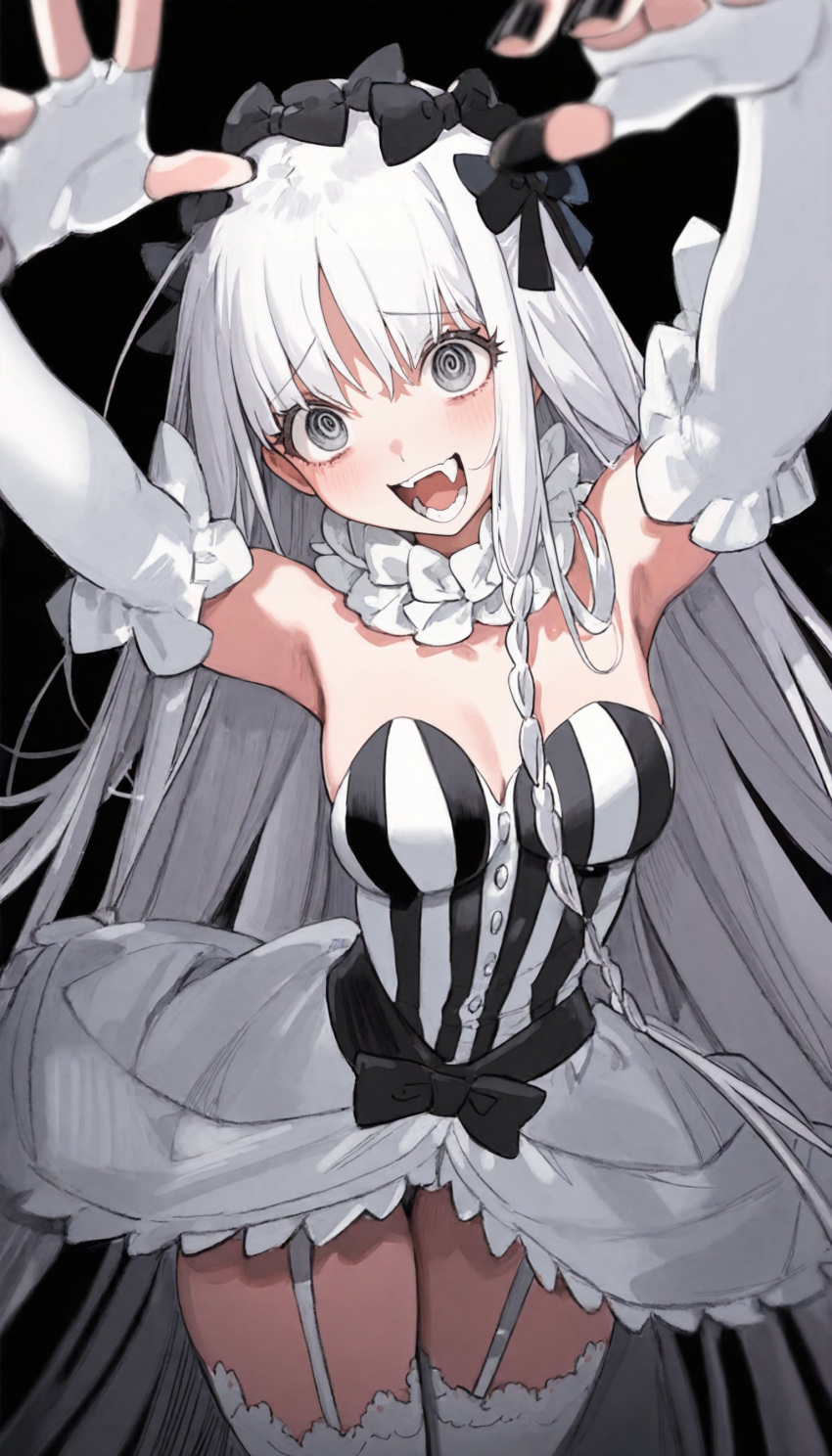 Safebooru - absurdres ai-generated arms up black background blush bow drowsy sheep fangs fate ...