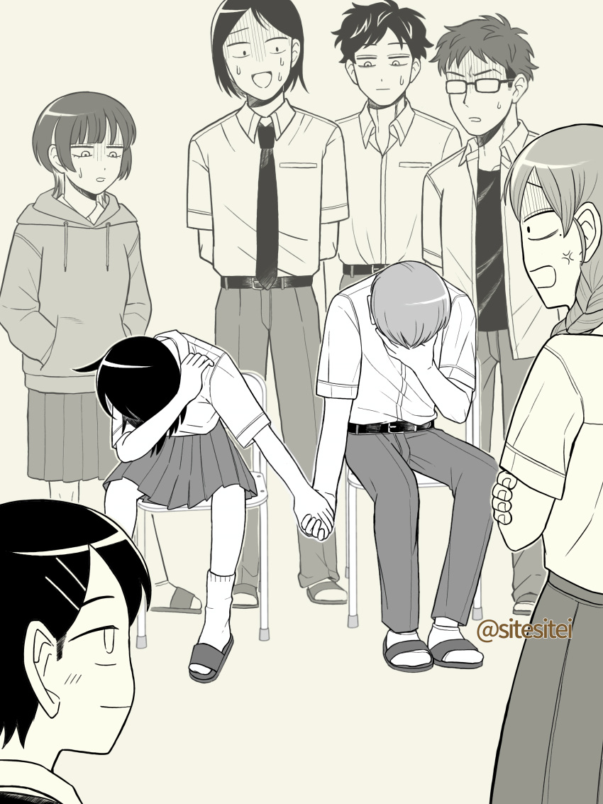 Safebooru - 4boys 4girls :| absurdres anger vein black undershirt closed mouth covering face ...