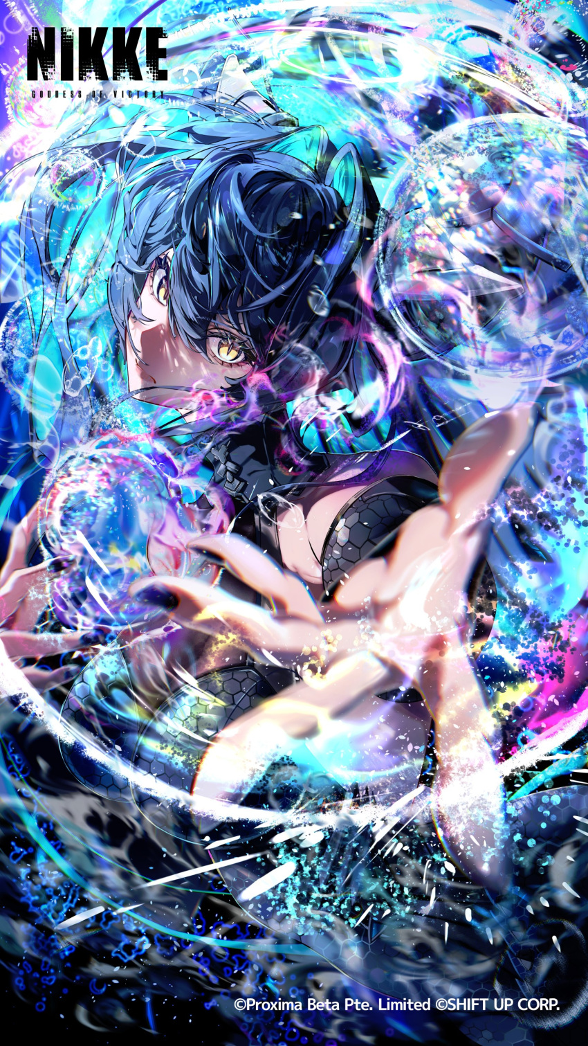 Safebooru - 1girl absurdres black nails blue hair bridal gauntlets bubble colored inner hair ...