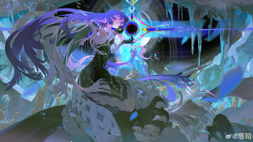 Safebooru - 1girl absurdres black dress black skin black veil blue eyes blue veil chimera ...