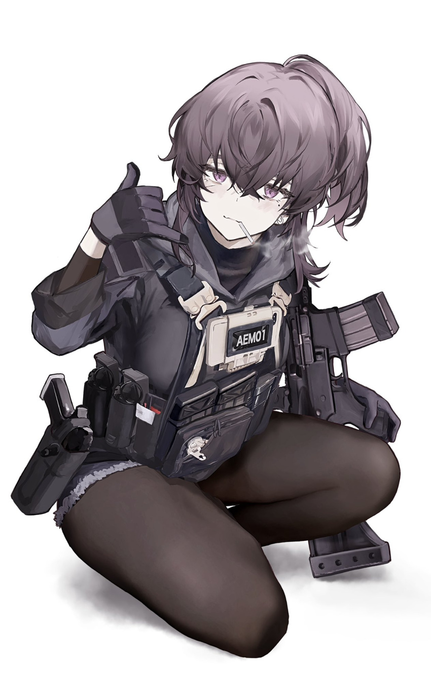 Safebooru - 1girl \m/ ar-15 black hoodie black pantyhose black shirt borrowed character brown ...