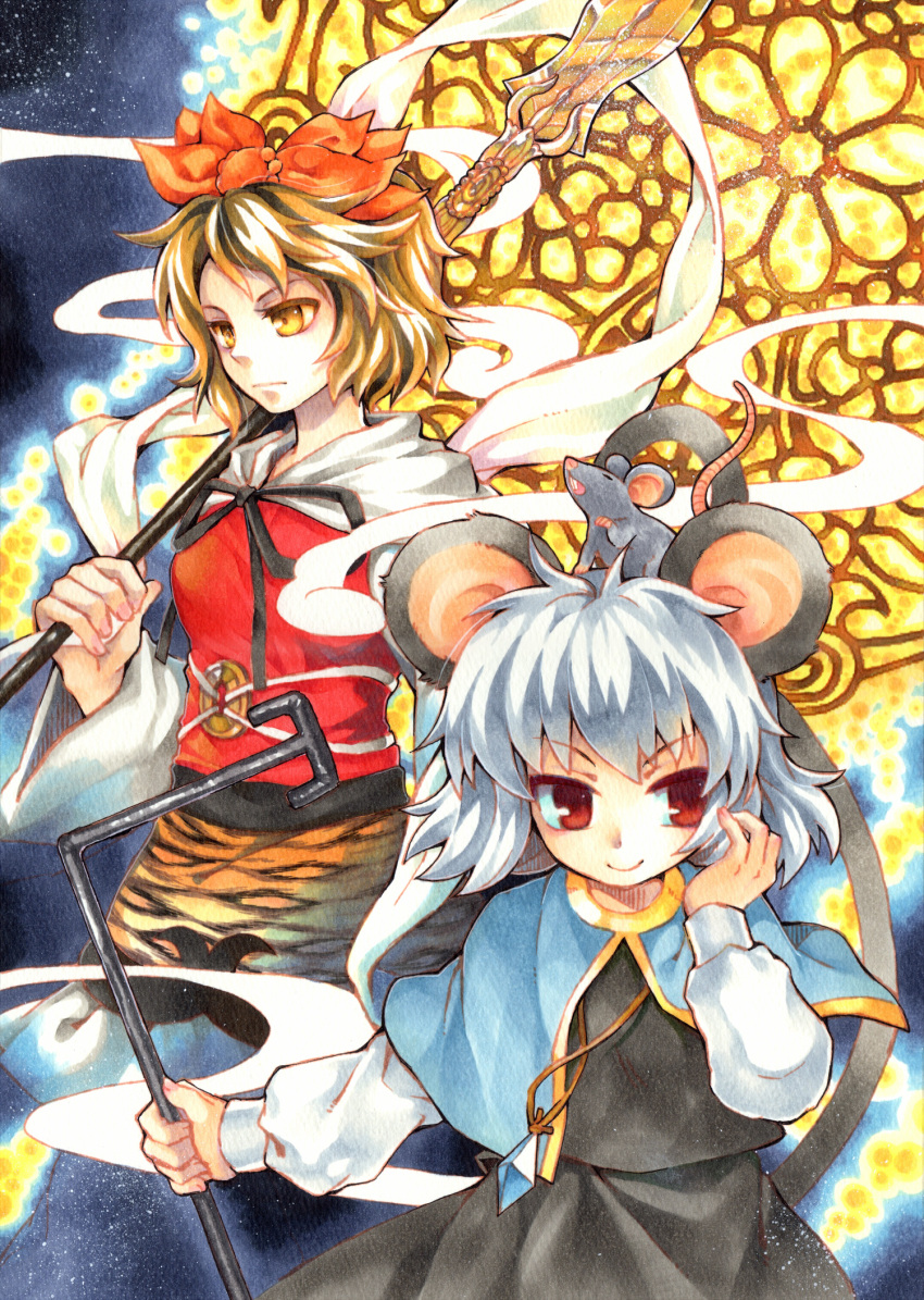 Safebooru - 2girls animal ears bishamonten's spear blonde hair capelet dowsing rod dress gem ...